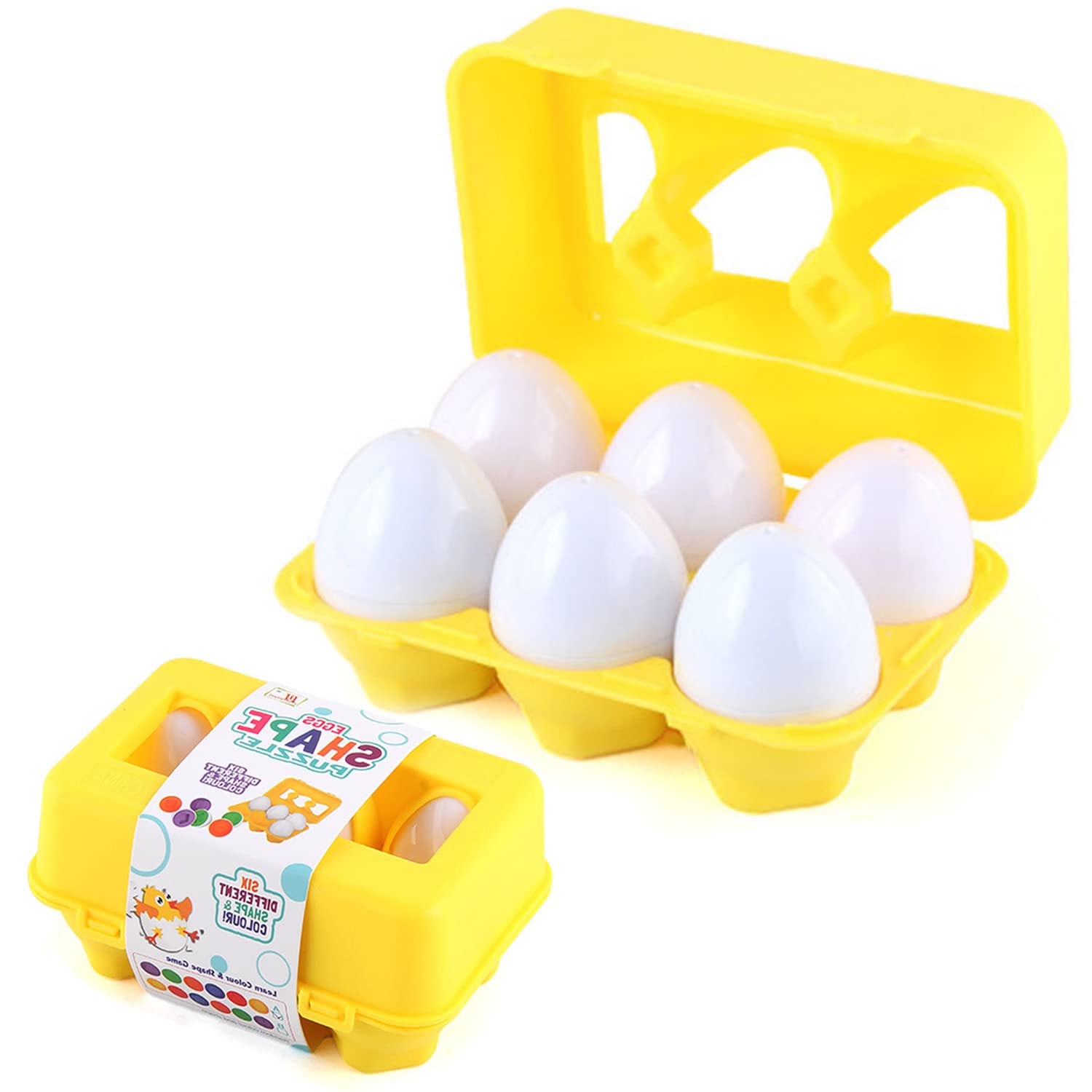 Color Shape Maching Eggs 6 Pcs, Easter Educational Maching Egg Set Toy with Yellow Holder, Early Learning Shapes & Sorting Recognition Puzzle Skills Study for Toddlers Baby Easter Basket Stuffers Gift