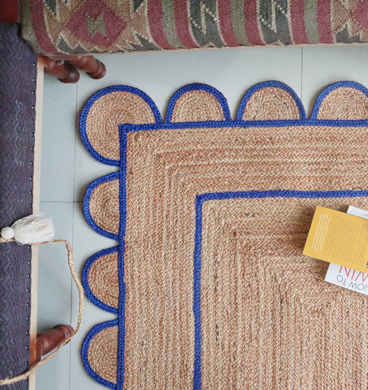 Chouhan Rugs Area Rug Natural Jute Hand Braided Rug Light Blue Scalloped Runner