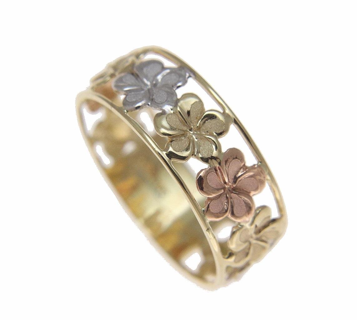 Arthur's Jewelry 14K solid tricolor yellow white rose gold Hawaiian plumeria flower lei ring 6.5mm size 6