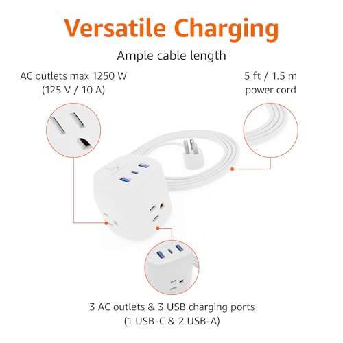 Amazon Basics Power Strip Cube 3 Outlet 3 USB Ports, 1 USB-C(15W) and 2 USB-A(12W), 5 ft Extension Cord, Home, Office, Travel, White