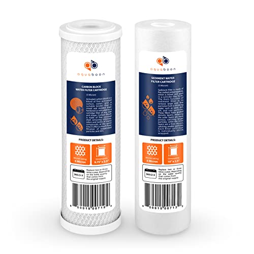 Aquaboon 10" x 2.5" Replacement Water Filter Set of 1 Carbon and 1 Sediment, 5 Micron 10 inch Cartridges, Compatible with DWC30001, WFPFC8002, FXWTC, WHEF-WHWC, WHKF-WHWC, Pentek DGD, RFC