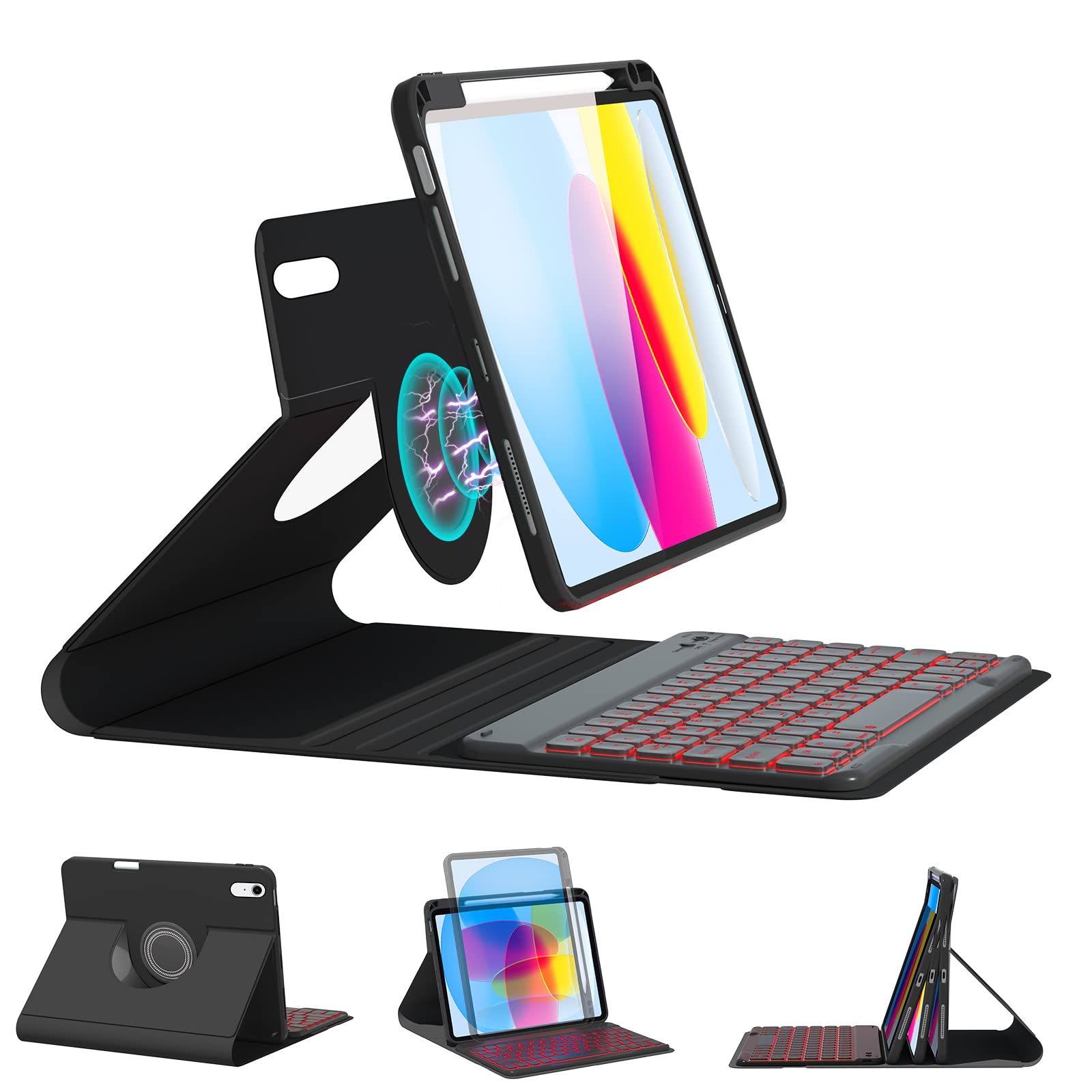 BOBOLEE 10th Keyboard Case for iPad 10.9 inch 2022 Released, Wireless Detachable Backlit 7 Colors Keyboard, 360 Rotatable Thin Slim Cover with Built-in Pen Holder, Table Case for iPad 10th 10.9 inch