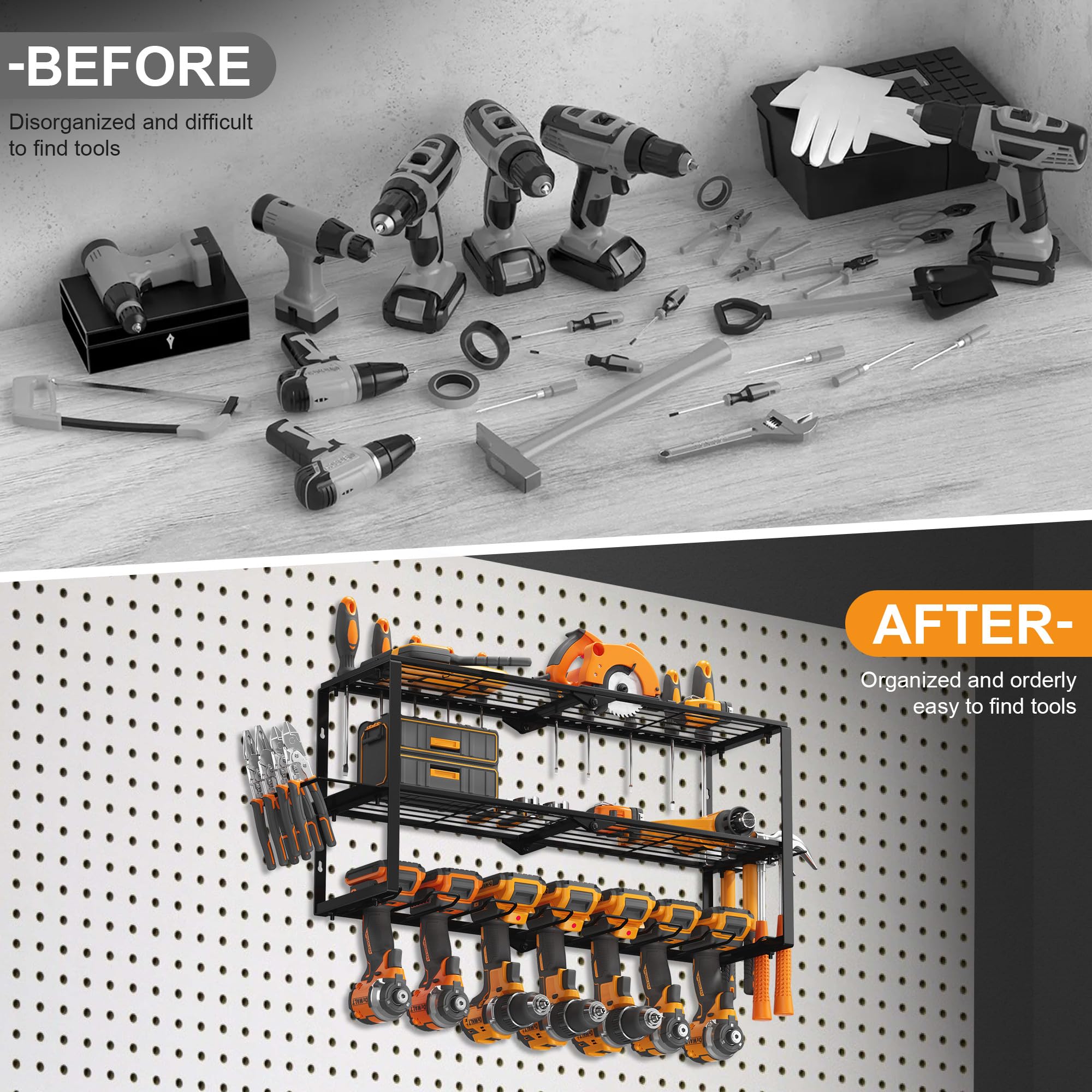 DQAVPFTRE Power Tool Organizer, Garage Tool Organization with 7 Drill Holders, Large Size & Easy Assembly Heavy Duty Metal 3 Layers Tool Shelf for Garage Organization