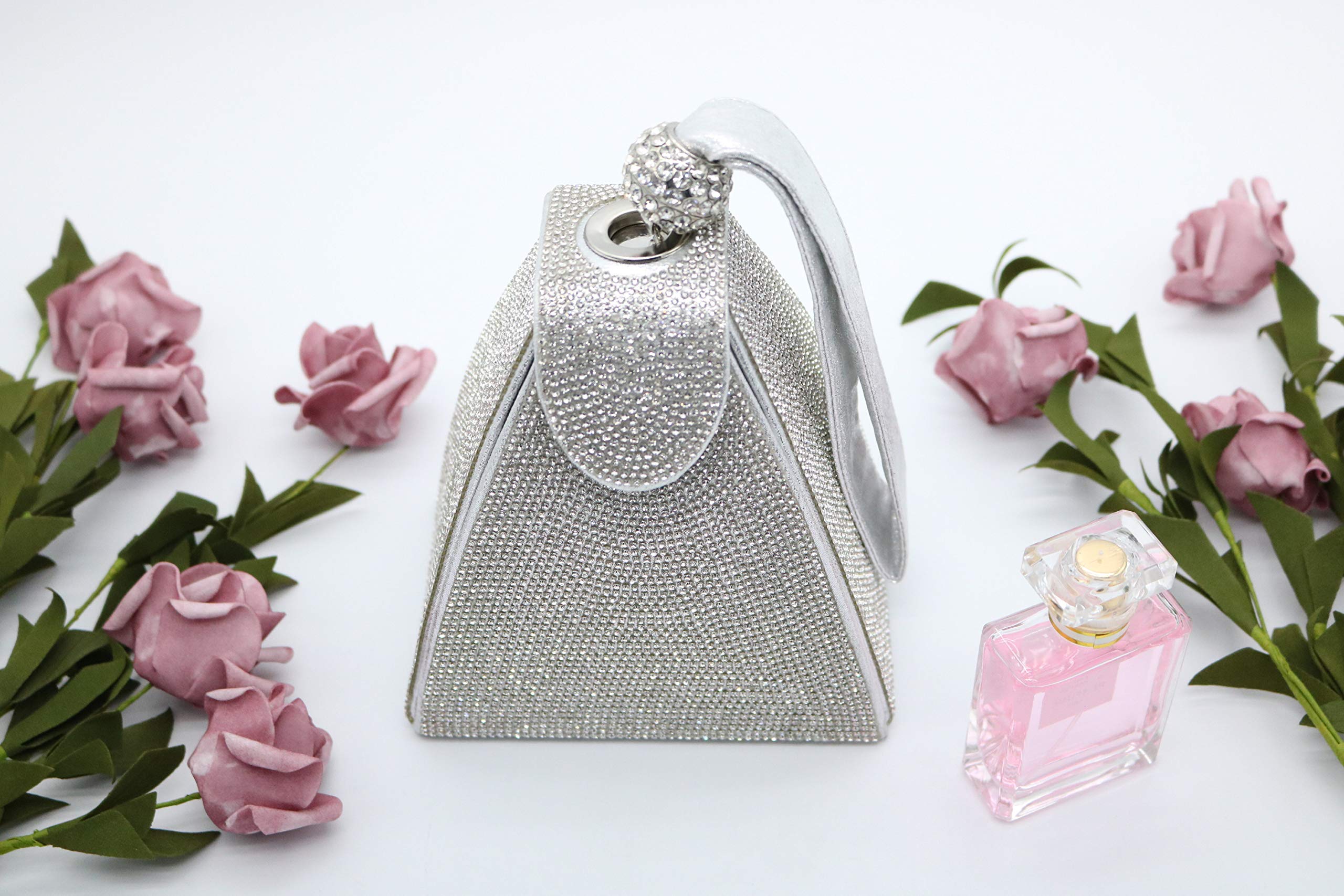 allx Full Rhinestone Fashion Evening Bag Triangle Women (Simple silver)