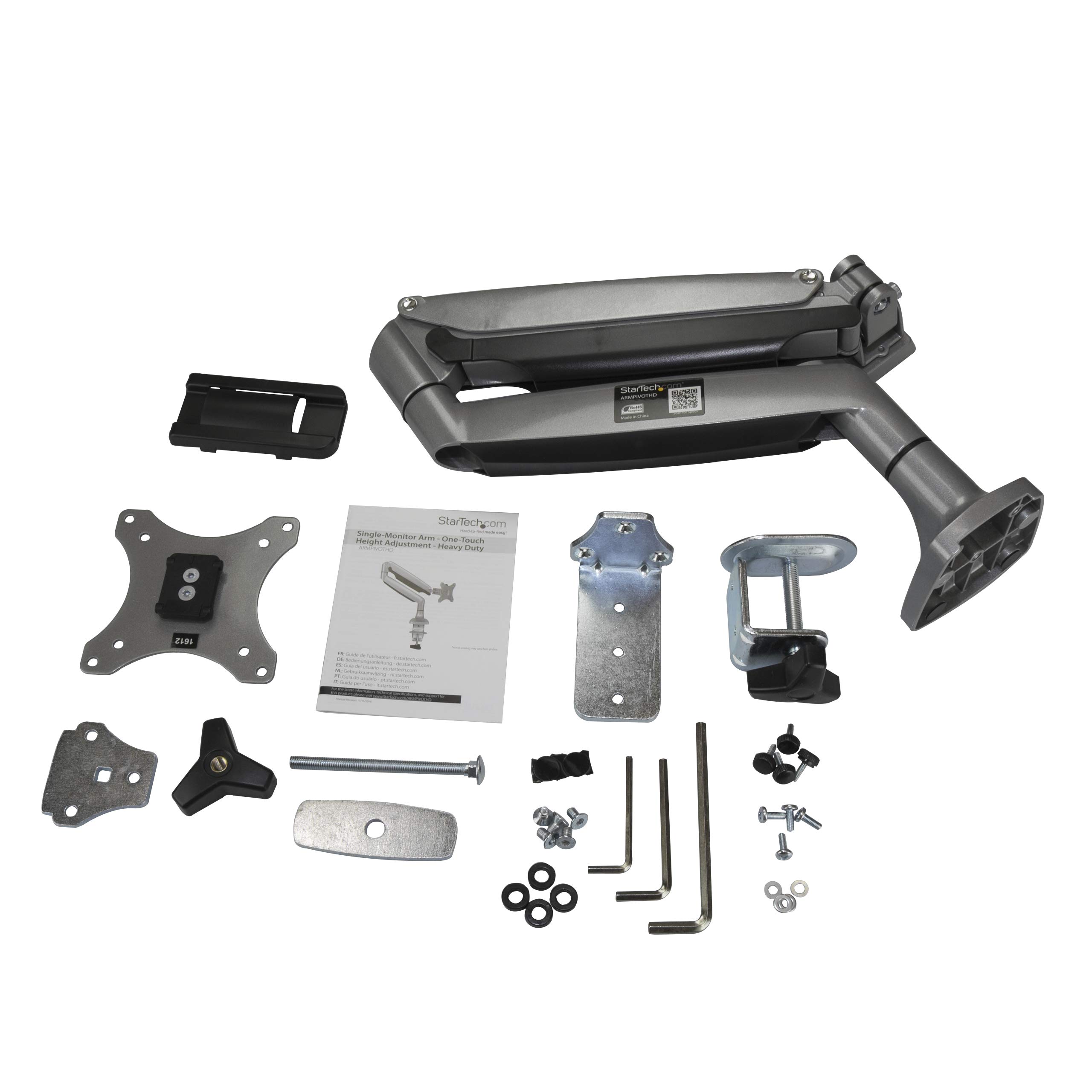 StarTech.com Desk Mount Monitor Arm - Full Motion Articulating - Monitors 12 to 34 Adjustable VESA Single Monitor Arm - Desk & Grommet Clamp -Silver (ARMPIVOTHD)