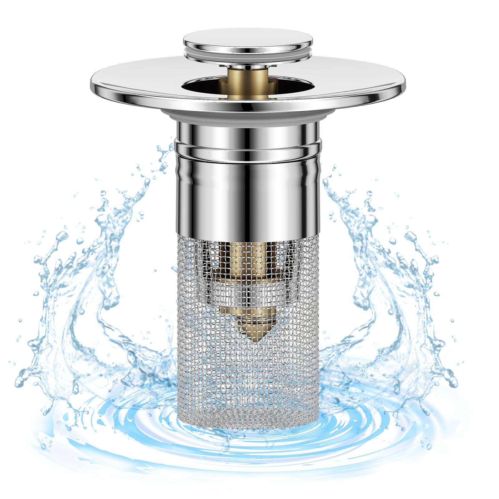 Bathroom Sink Drain Stopper for US Universal Replacement, Pop Up Drain for Bathroom Sink with Stainless Steel Filter Basket Hair Catcher, Sink Drain Strainer for 1.1-1.45 Inch