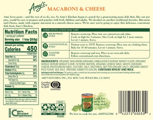 Amy's Frozen Meals, Macaroni and Cheese Frozen Pasta Tray, Made With Organic Pasta and White Cheddar Cheese, Microwave Meals, 9 Oz