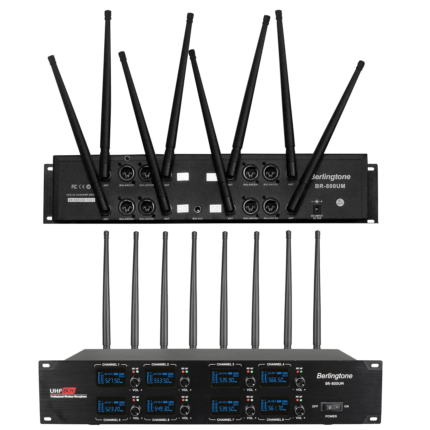Berlingtone BR-800UM Professional 8-Channel Wireless Handheld Dynamic Microphone System, Fixed Frequency Channel, Metal Mic and Receiver, for Singing, Church, DJ, Concert, Up to 260ft Range