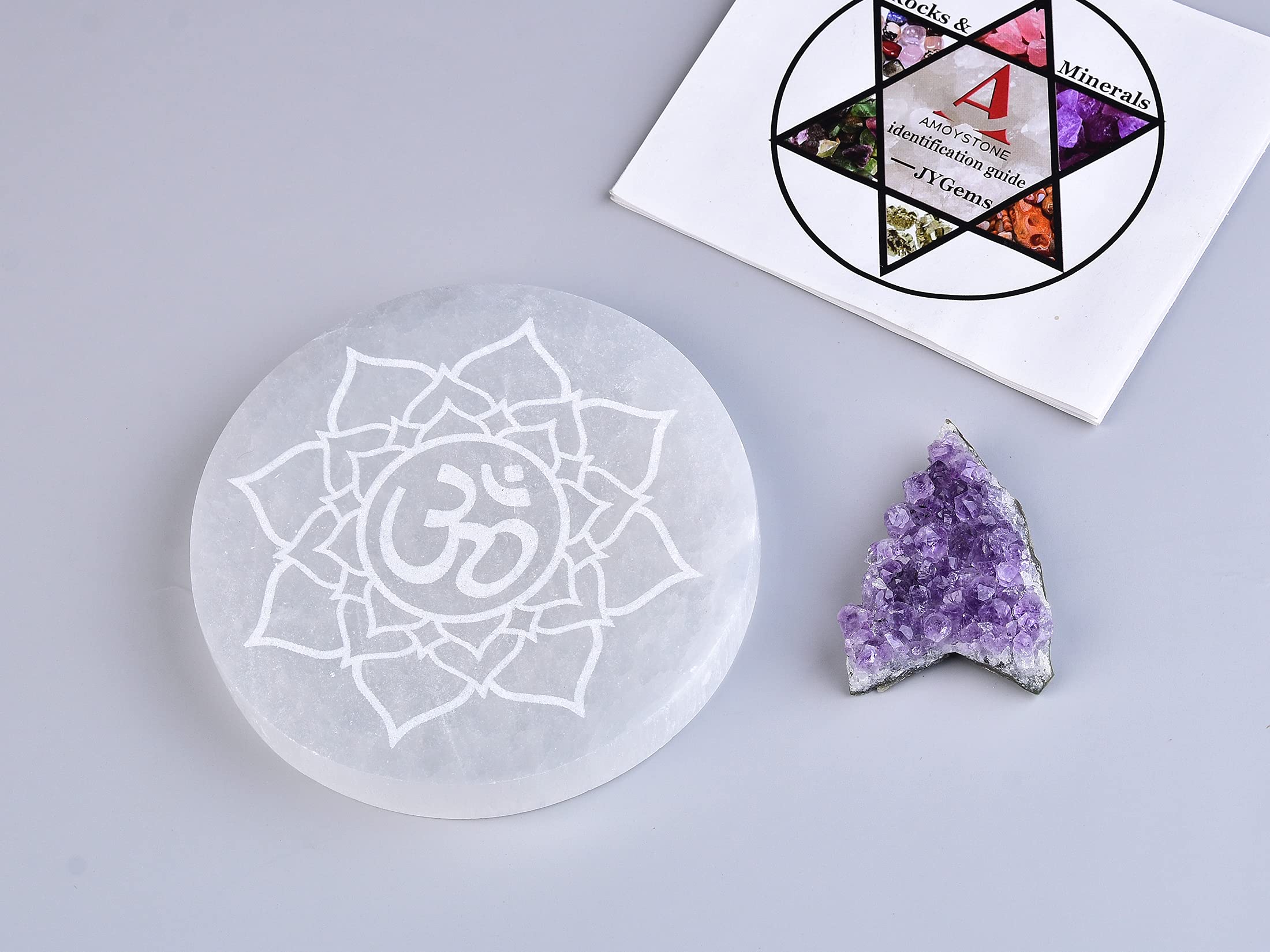 AMOYSTONE 4" Round Selenite Plate Flower Etched Selenite Slab for Cleansing Charging Crystals