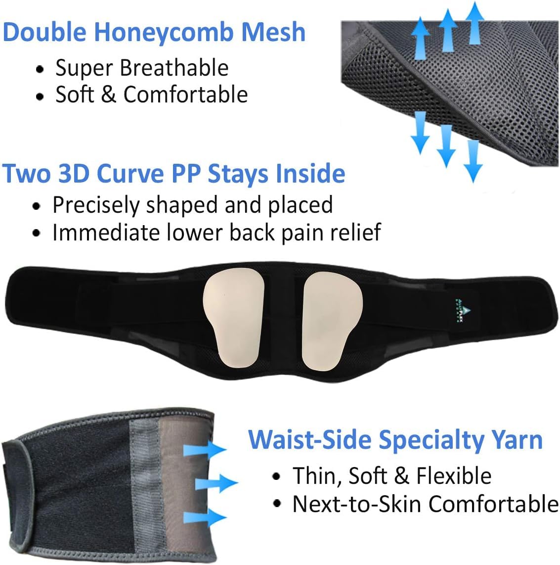 AllyFlex Sports® Lightweight Back Brace for Men & Women Under Uniform, Dual Medical 3D Lumbar Pads for Lower Back Pain Relief, Breathable Mesh with Adjustable Stapes for Back Stress - M