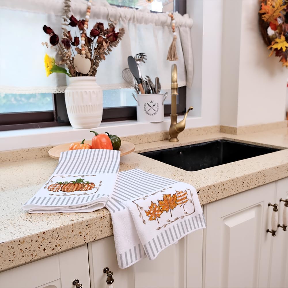 ARKENY Fall Kitchen Towels Set of 2,Orange Pumpkin Maple Autumn Dish Towels 18x26 Inch Drying Dishcloth,Farmhouse Home Decoration AD116