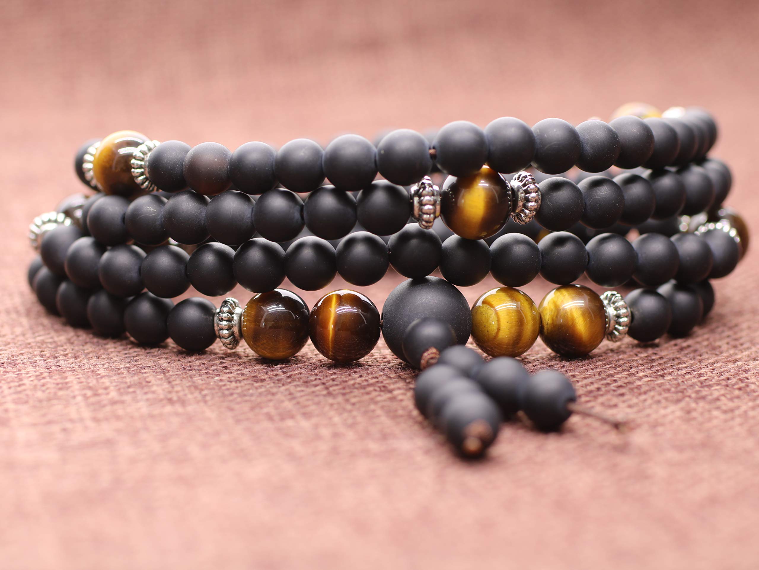 AmorWing Onyx Brown Tiger Eye 108 Mala Beads Wrap Bracelet Necklace