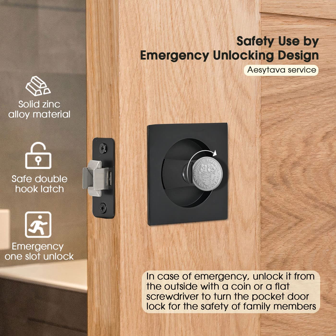 Aesytava Black Pocket Door Hardware, 2 Pack Matte Black Pocket Door Lock for Bathroom, Heavy Duty Solid Square Pocket Door Hardware(2 Pack)