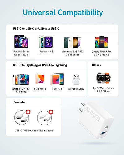 Anker iPhone 15 Charger, Anker USB C Charger, 2-Pack 20W Dual Port USB Fast Wall Charger, USB C Charger Block for iPhone 15/15 Pro/15 Pro Max/14/13/12, Pad Pro/AirPods and More(Cable Not Included)