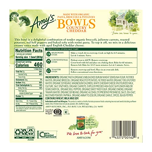 Amy's Frozen Meals, Country Cheddar Pasta Bowl, Made With Organic Pasta, Broccoli and Potatoes, Microwave Meals, 9.5 Oz