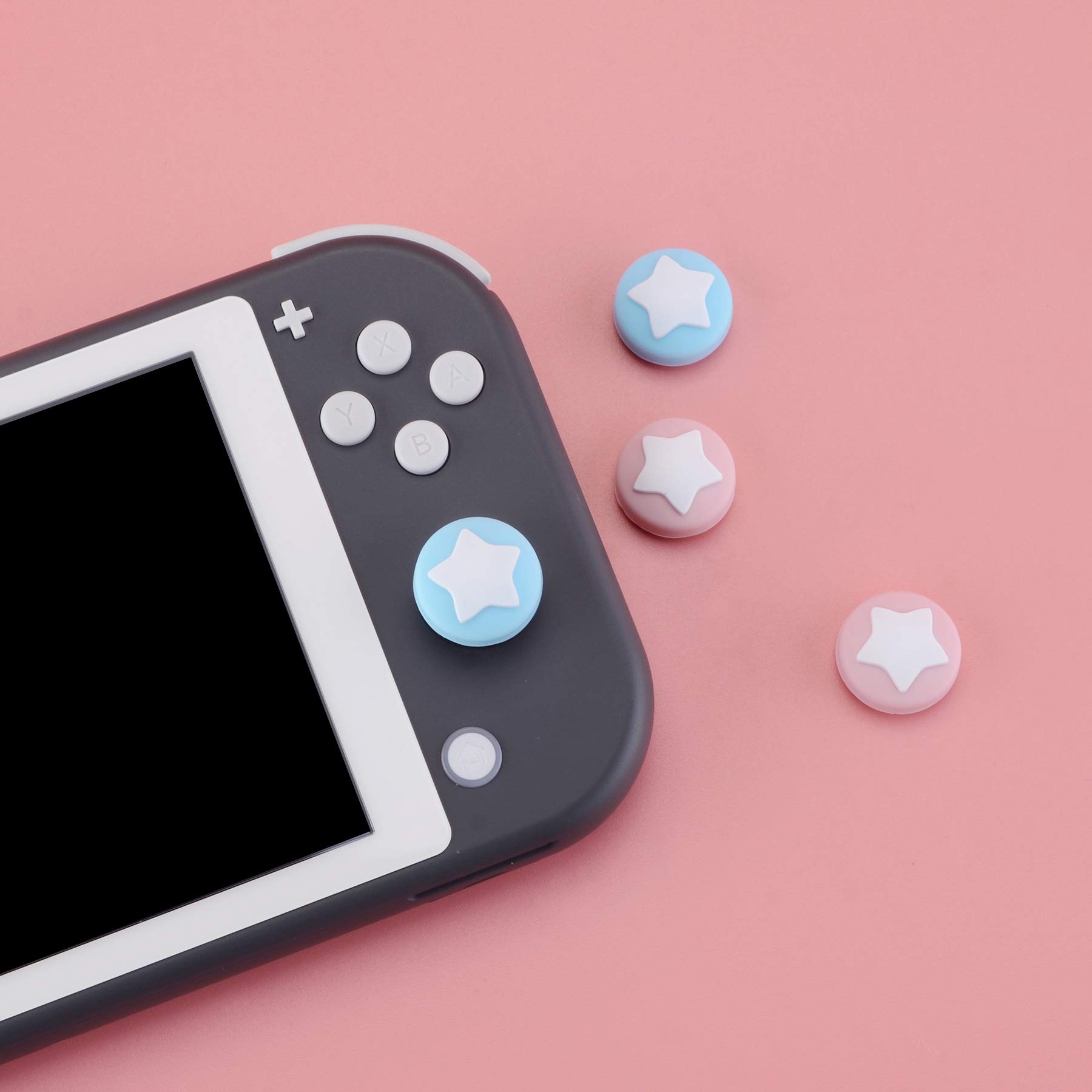 eXtremeRate PlayVital Star Design Cute Switch Thumb Grip Caps, Cherry Blossoms Pink & Heaven Blue Joystick Caps for Nintendo Switch Lite, Silicone Analog Cover Thumbstick Grips for Switch OLED Joycon