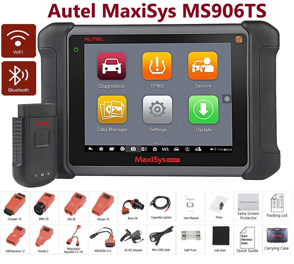 Autel MS906TS(with Extra Screen Protector) Programming TPMS Car Diagnostic Scanner ECU Coding Active Test IMMO Keys OE-Level Oil Reset EPB/SAS/ABS Bleeding(Maxisys MS906BT+MK808TS/TS608)