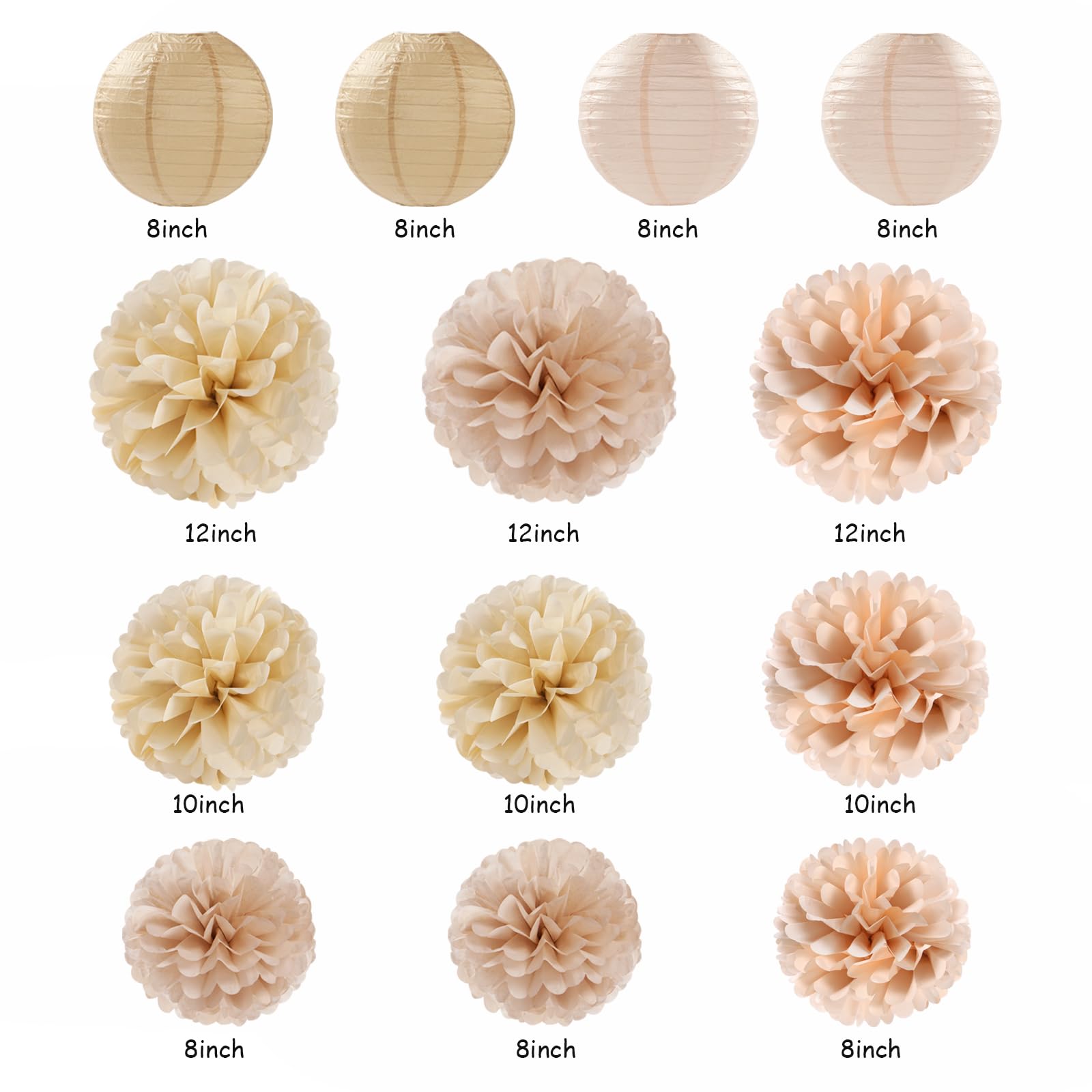 Beige-Champagne Gold White-Peach Boho Party-Decorations - 20pcs Neutral Baby Shower Rustic Wedding Paper Lanterns Fans,Tissue Pom Poms,Honeycomb Balls,Bunting,Birthday Bridal Decor Burgleda