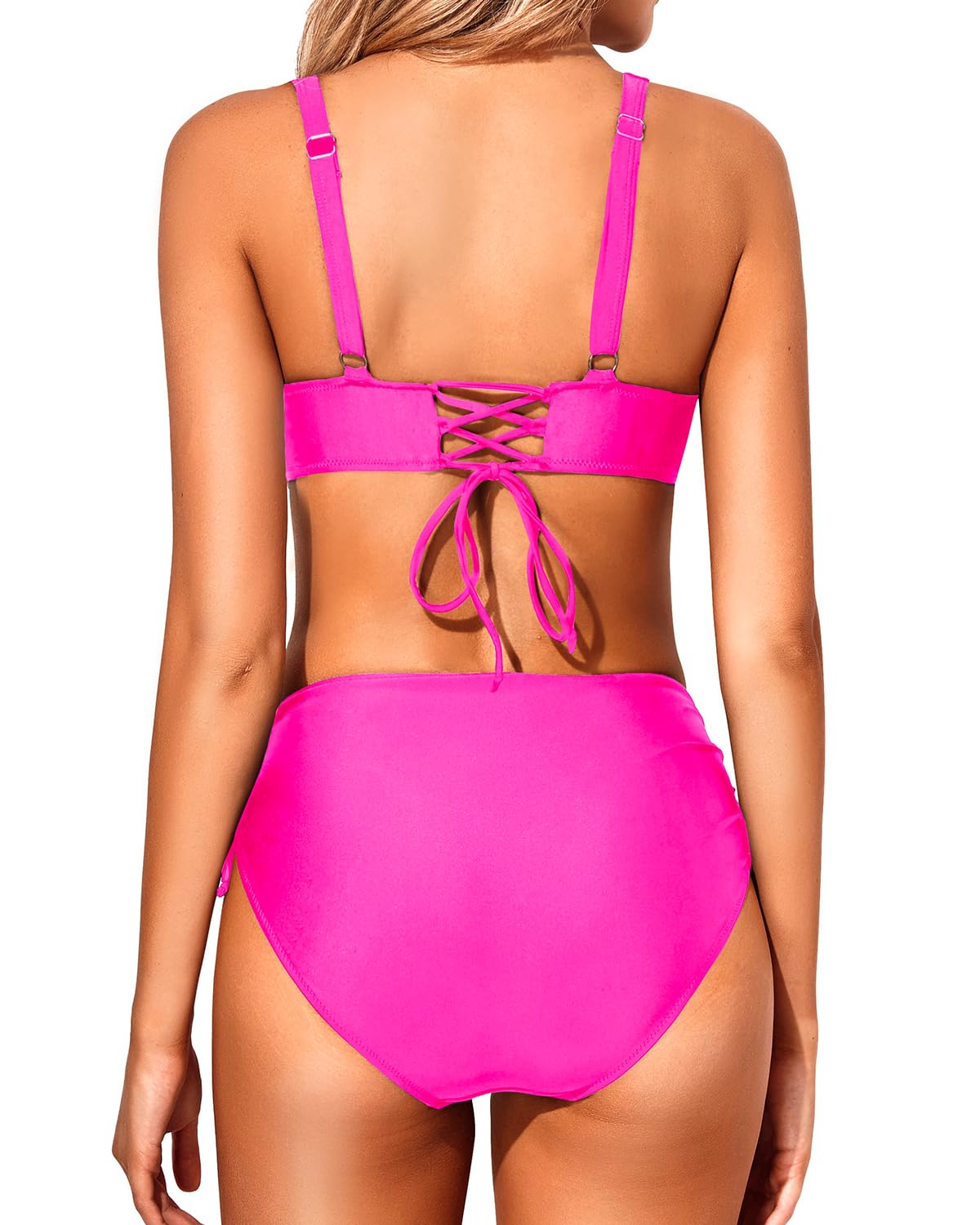 Aqua Eve Women High Waisted Bikini Twist Front Swimsuits Lace up Bikini Tops Ruched Push up 2 Piece Bathing Suits Hot Pink Medium