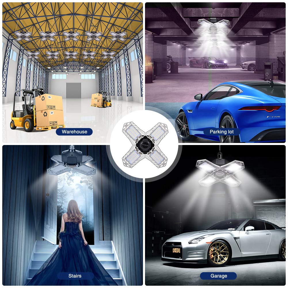 Ankishi Garage LED Lights Ceiling 2 Pack,150W Deformable led Garage Lights,E27/E26 Garage LED Light with 4 Adjustable LED Panels,15000LM LED Shop Lights for Garage,Warehouse,Workshop and Yard