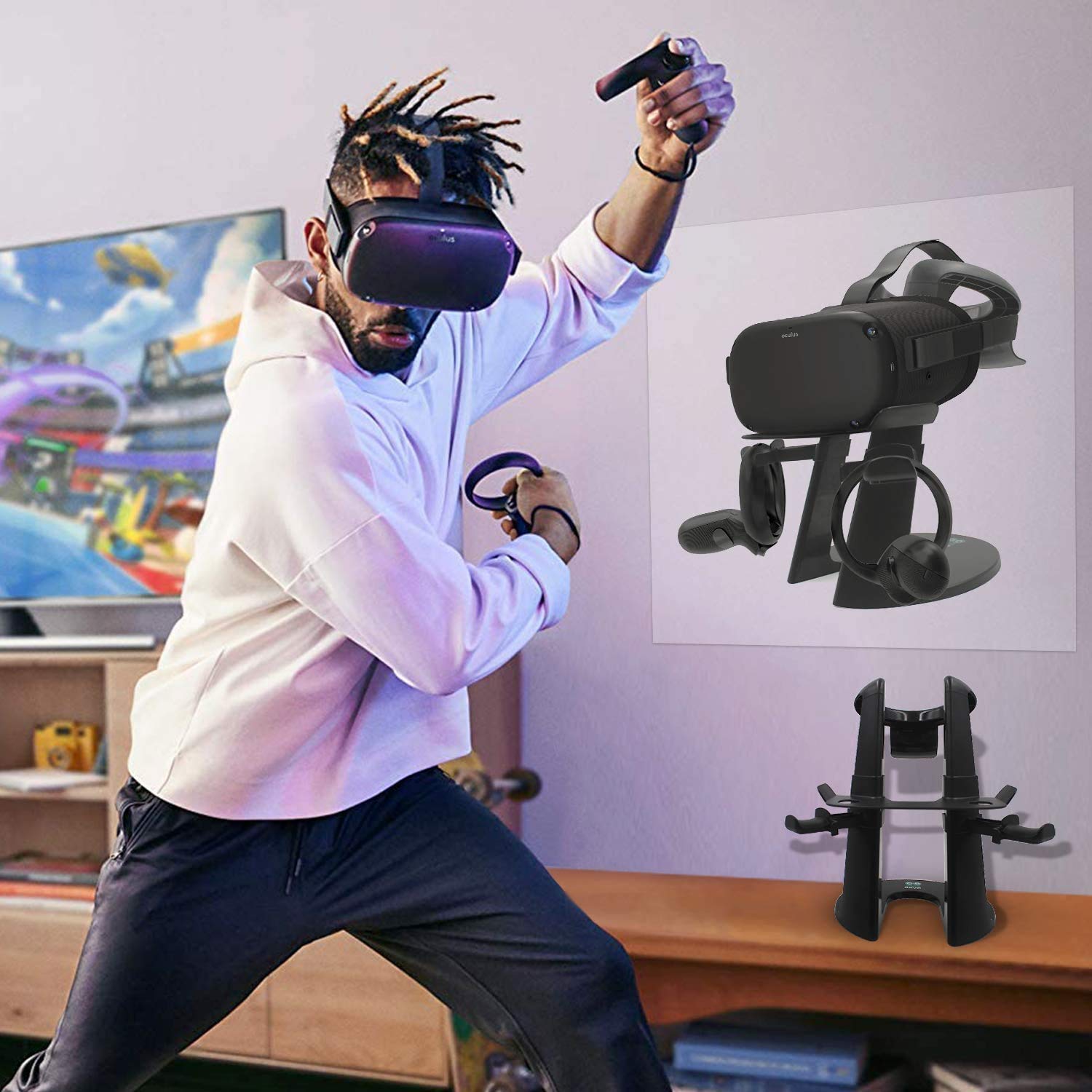 AFAITH VR Stand, VR Headset Display Stand with Game Controller Holder for Oculus Rift S/Oculus Quest/Rift Headset and Other VR Headset