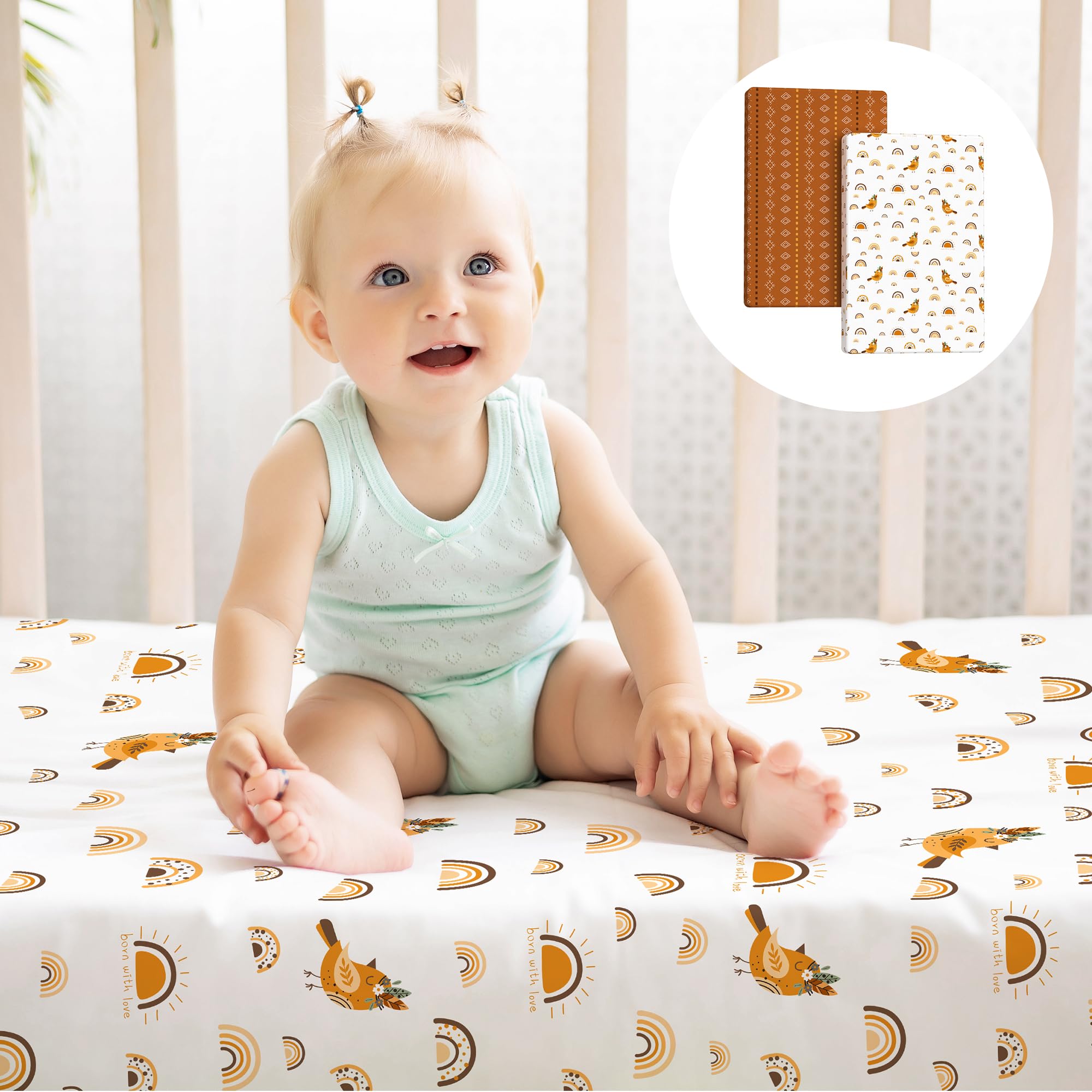besrey Pack N Play Sheets, Premium Stretch Fitted Portable Mini Cribs Playards Sheets, Ultra Soft Breathable Jersey Knit Cotton Blend, 2 Pack with Storage Bag for Baby Girl& Boy(Boho Rainbow Birds)