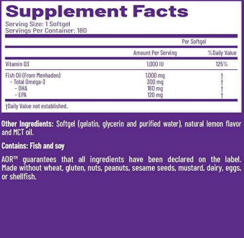 AOR, Omega-3 with Vitamin D3 1000 IU, Supports Brain Health and Neuron Function,180 Servings (180 Softgels)