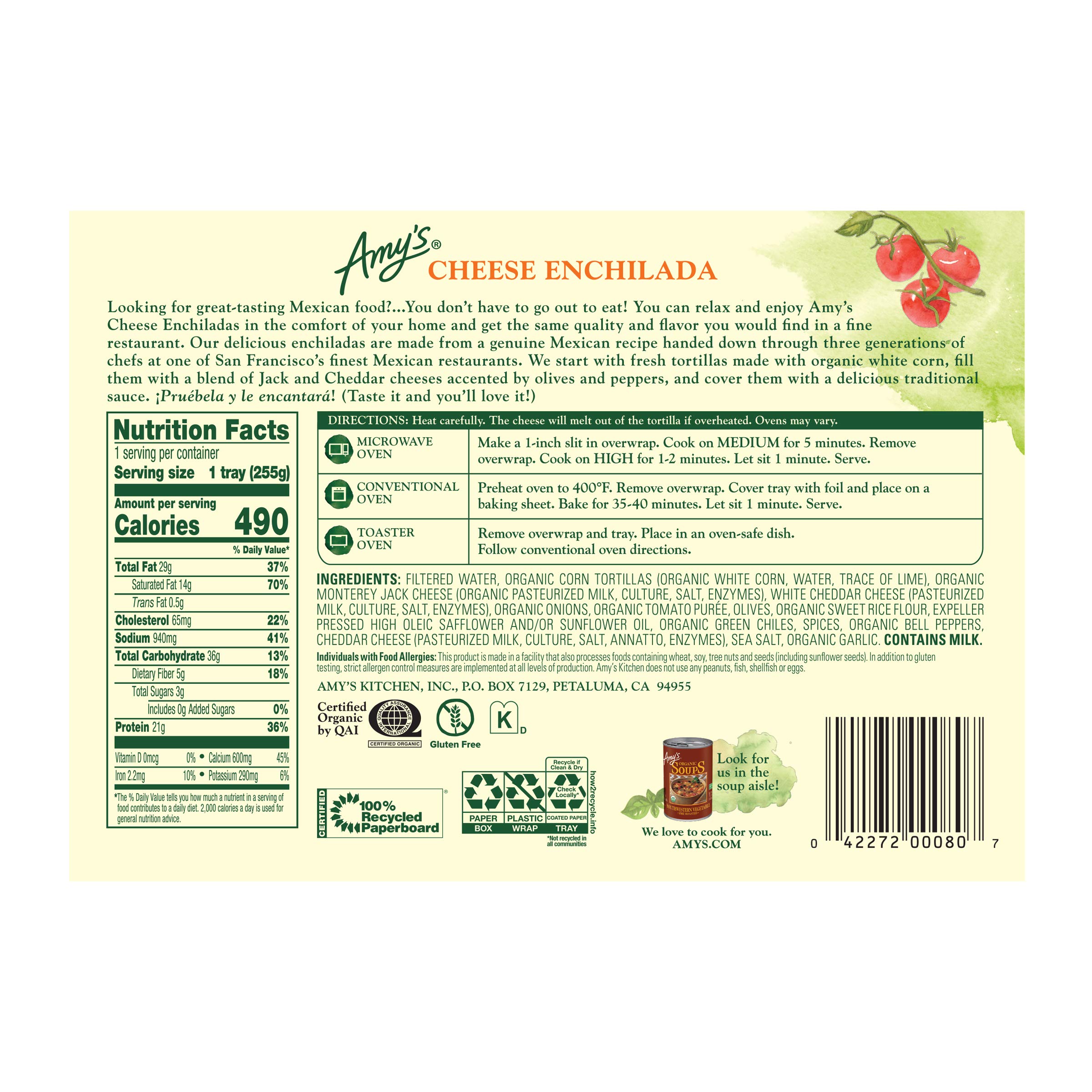 Amy's Frozen Meals, Cheese Enchilada, Made With Organic Corn and Tomatoes, Gluten Free Microwave Meals, 9 Oz