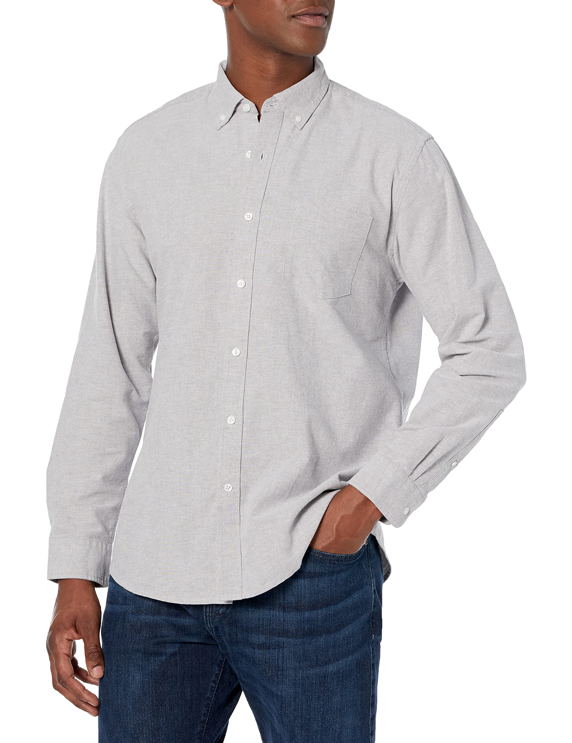 Amazon Essentials Men's Regular-Fit Long-Sleeve Pocket Oxford Shirt, Grey White Windowpane, X-Large