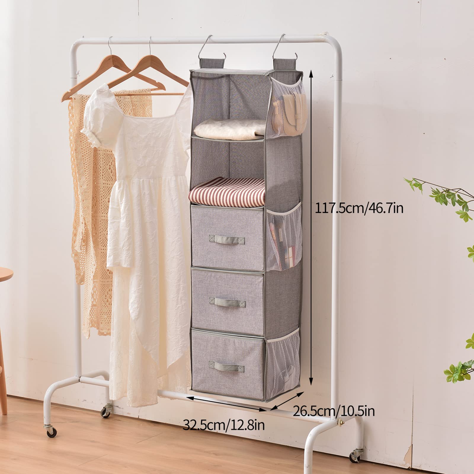FOKICOS Hanging Closet Organizer 5 Shelf Storage Shelves with 3 Divisible Drawer Washable No Cardboard for Clothes Grey