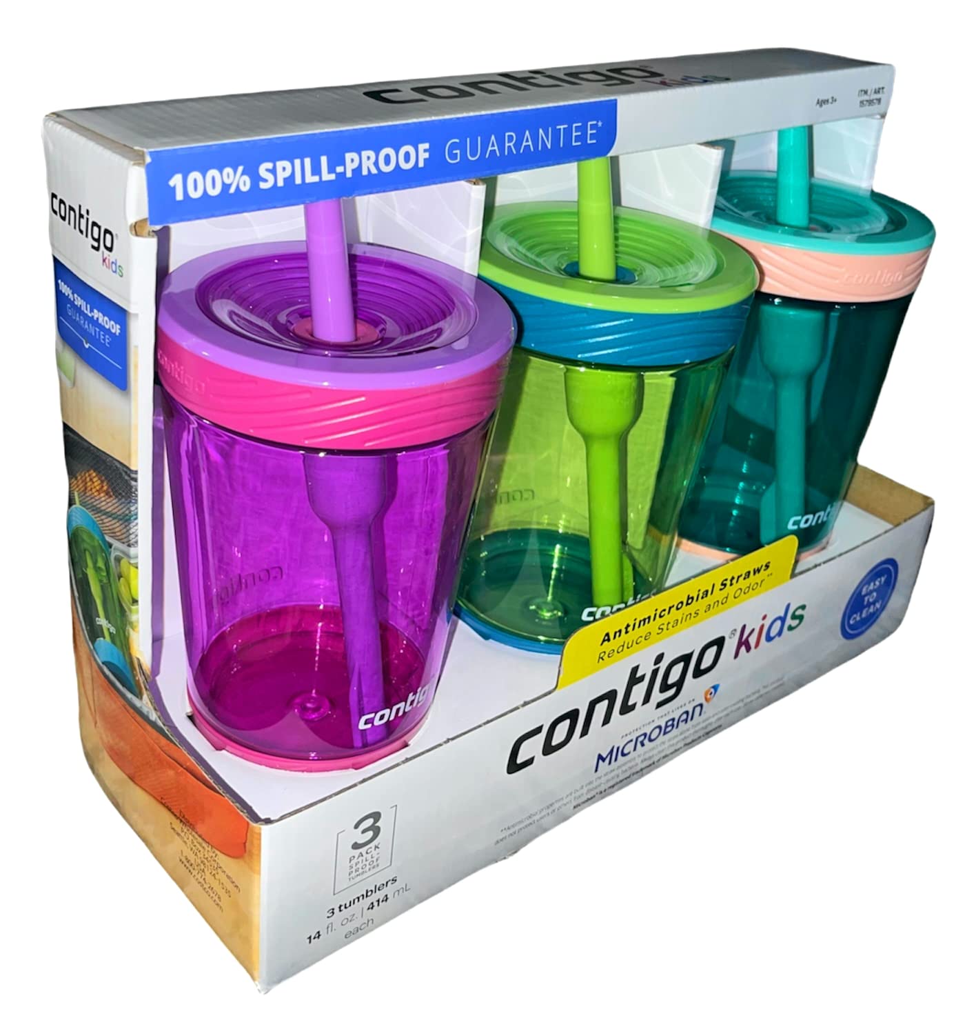 Contigo Spill-Proof Kids Tumbler, 3-Pack, Pink, Green, Aqua, Comes with Customized Bryant Supplies, LLC Pen,14 ounce