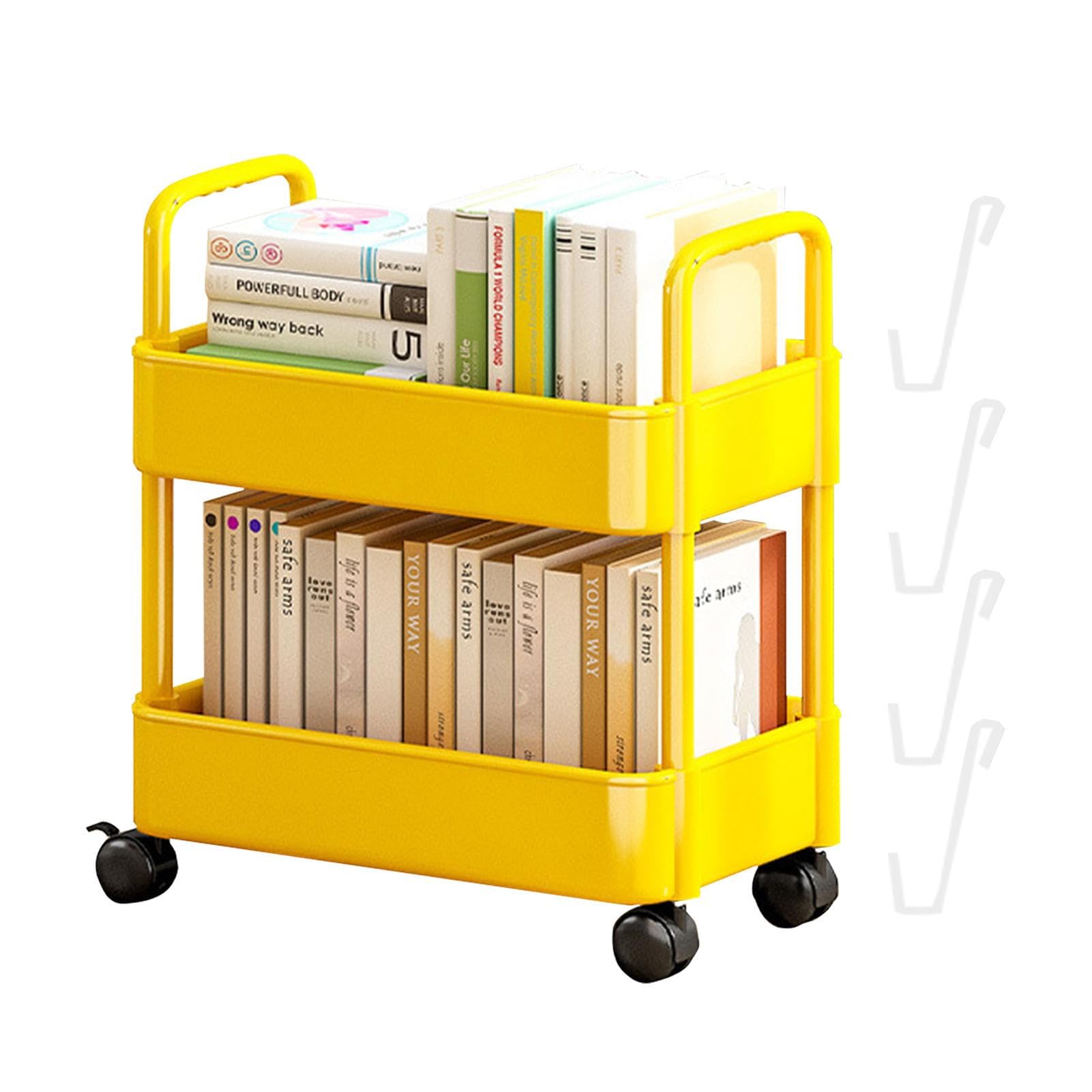 ANZAGA Bookshelf Cart, 2 Tier Rolling Cart Book Organizer, Movable Bookshelf, Rolling Shelf with Wheels & Hooks, Movable Storage Organizer for Home and Office
