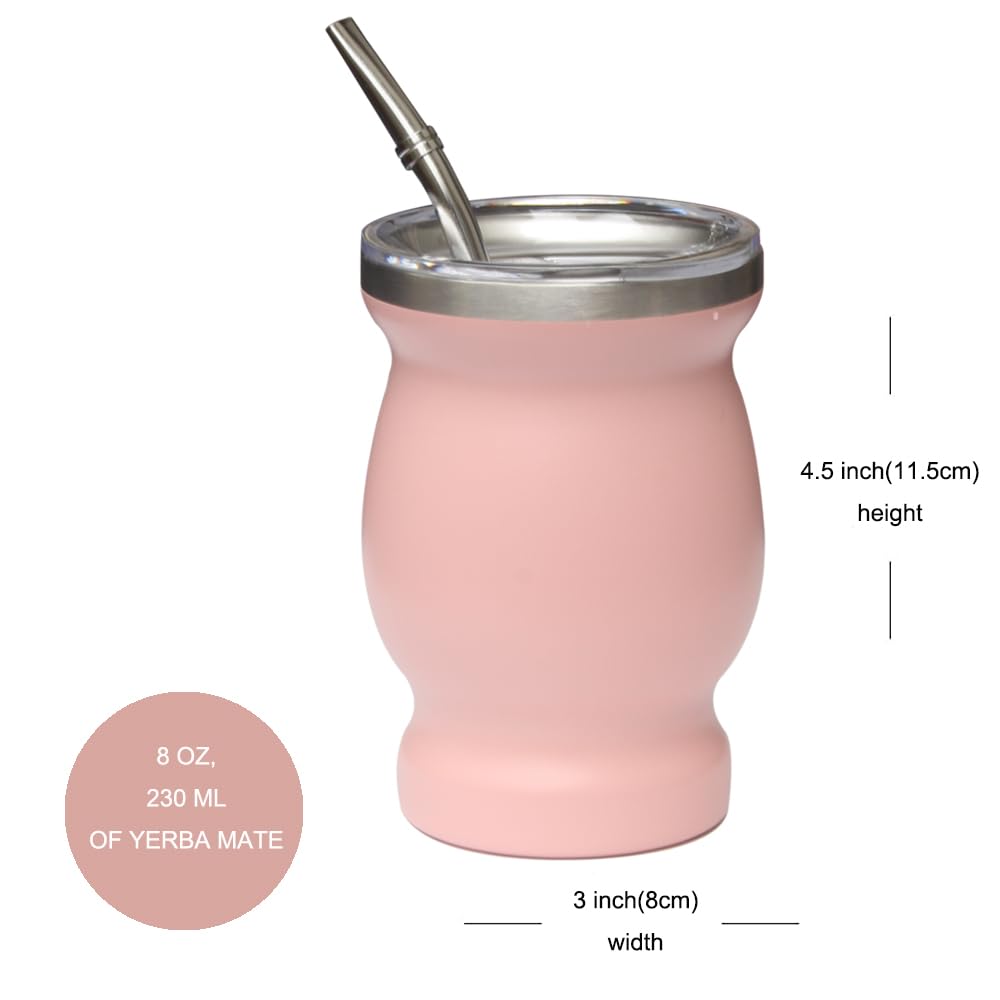 Beruth Bombilla Yerba Mate Gourd, 8oz Stainless Steel Tea Cup Set with a Multifunctional Lid, Two Straws and Cleaning Brushes, Double Walled Coffee Mug Heat Insulation Anti Scalding (Peachy Pink)