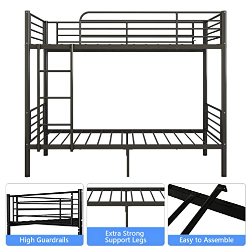 Alohappy Metal Bunk Bed Twin Over Twin, Twin Bunk Beds with Removable Ladder and Safety Guard Rail, 13.8β Under Bed Storage Space, No Box Spring Needed, Easy to Climb, Industrial Style(Black)