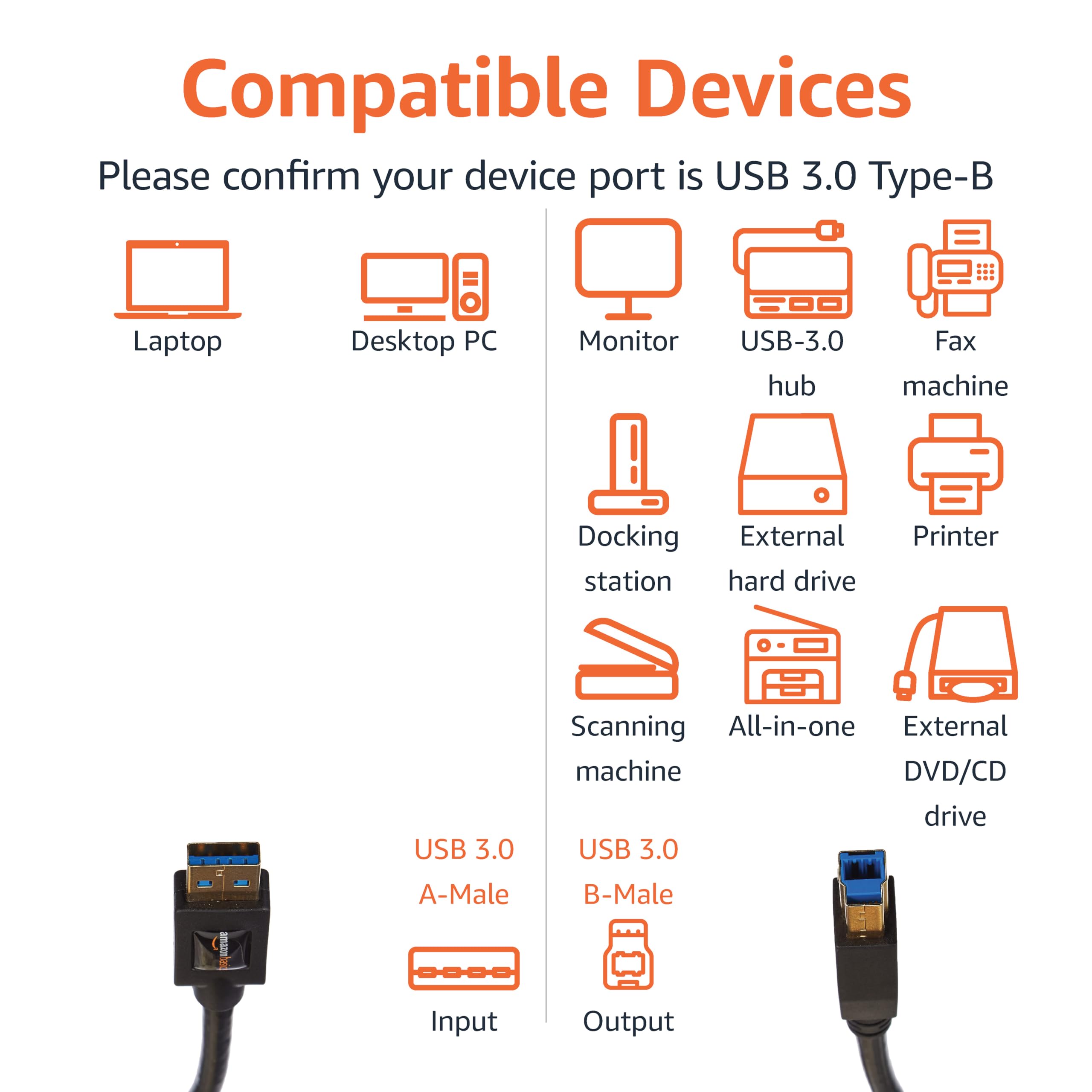 Amazon Basics USB 3.0 Cable - A-Male to B-Male - 3 Feet (0.9 Meters), 10-Pack