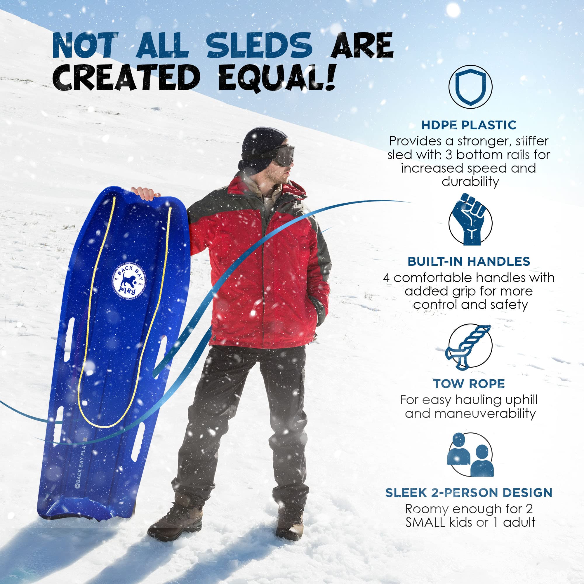 Back Bay Play 47" Snow Sled Racer High Density Plastic Sled with Pull Rope Bundled with 30" Plastic Snow Shovel for Kids with Handle and Scoop