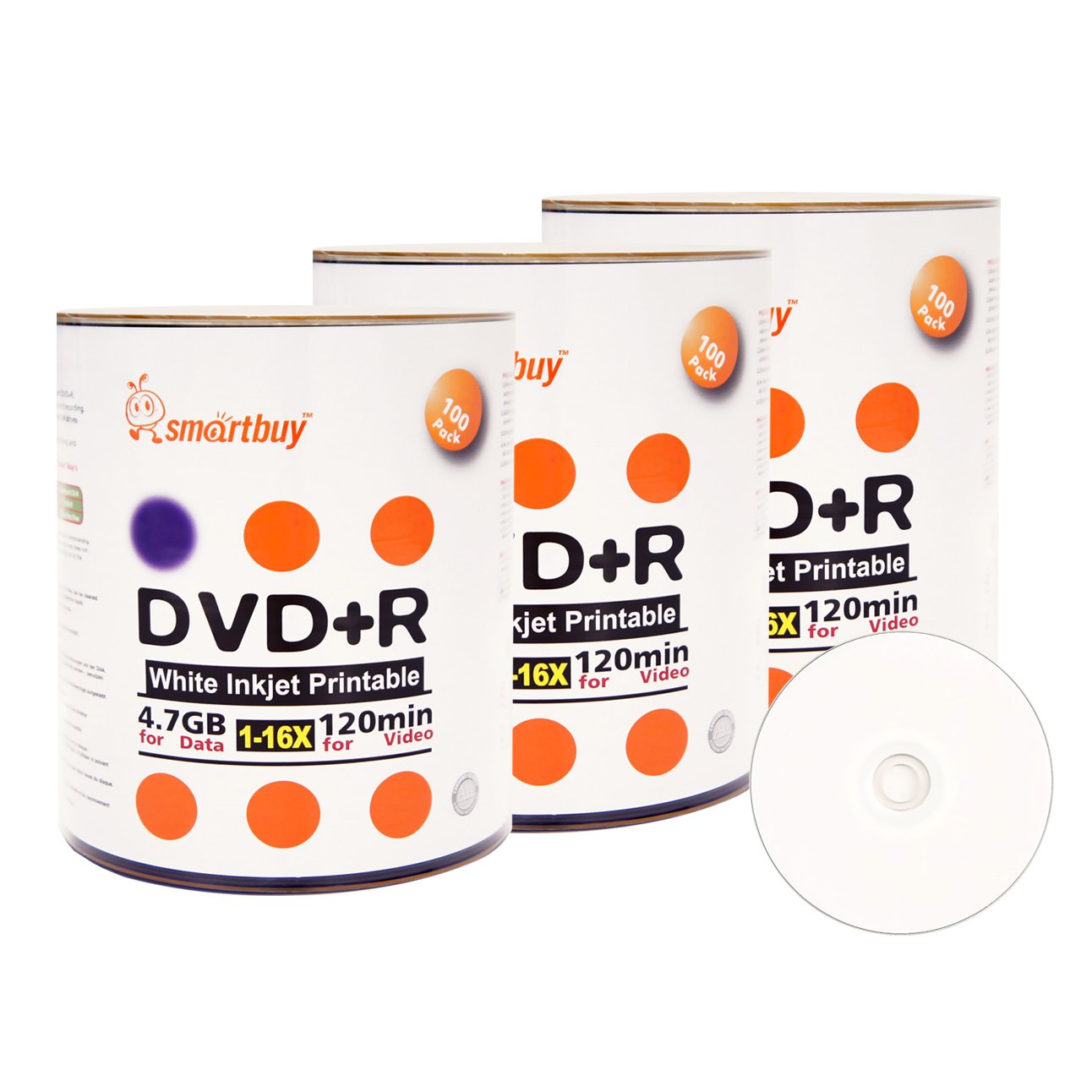 Smart Buy 300 Pack DVD+R 4.7gb 16x White Printable Inkjet Blank Media Record Disc, 300 Disc 300pk