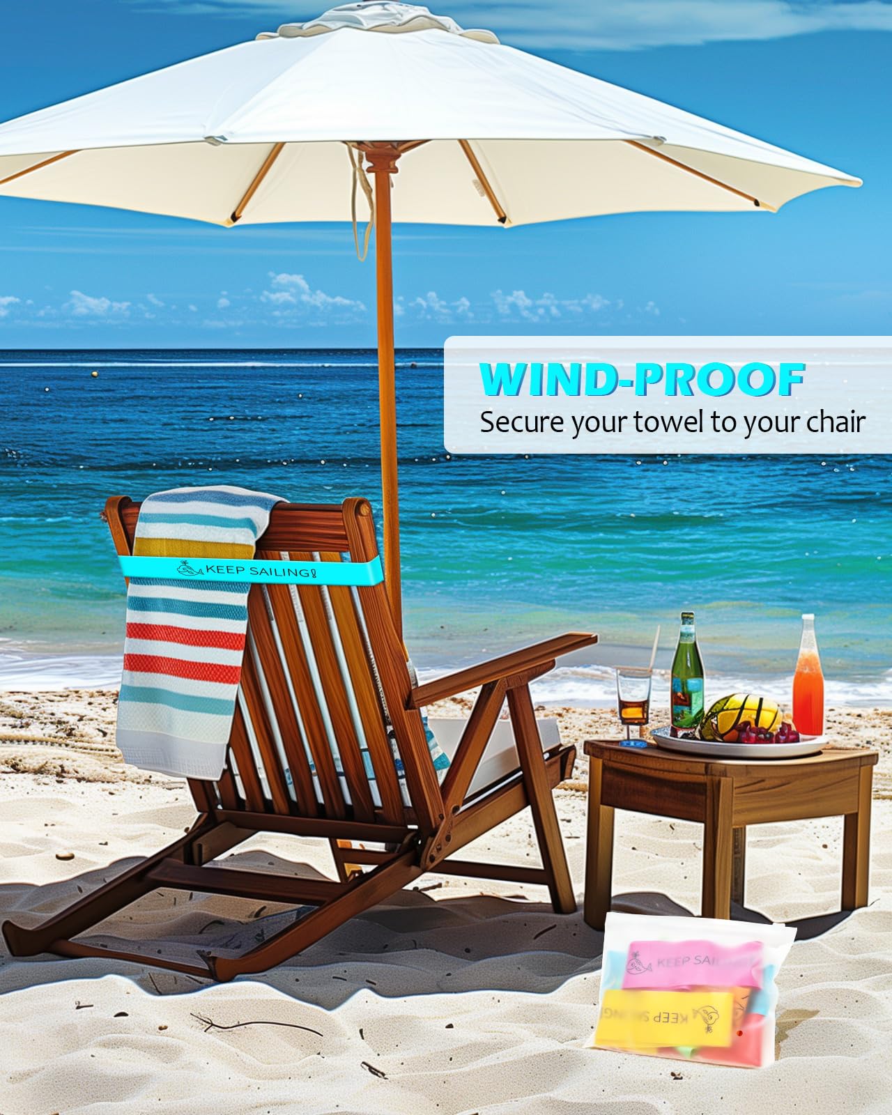Beach Towel Bands, Stretch Rubber for Pool & Beach Chairs, Extra Durable, No Snapping, Cruise Ship & Beach Travel Essentials, Great Alternative to Beach Towel Clips (6 Pack)