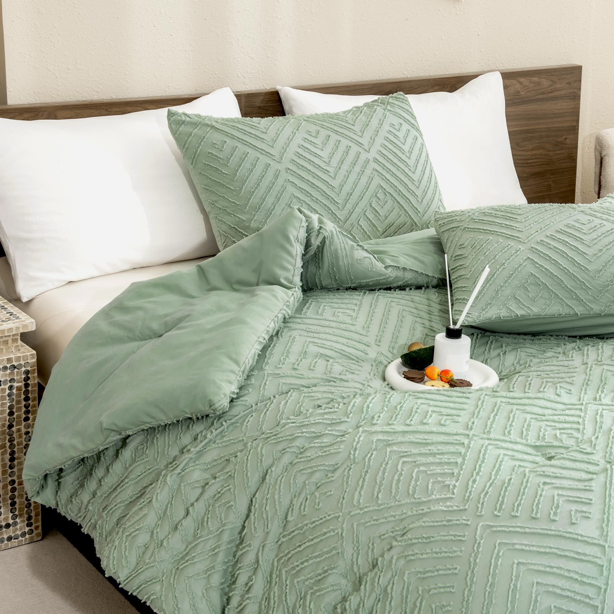 Andency Full Comforter Sets Sage Green, Boho Lightweight and Fluffy Bedding Set for Full Bed, 3 Pieces Tufted Farmhouse Design for All Seasons (79x90Inches, 1 Comforter and 2 Pillow Shams)