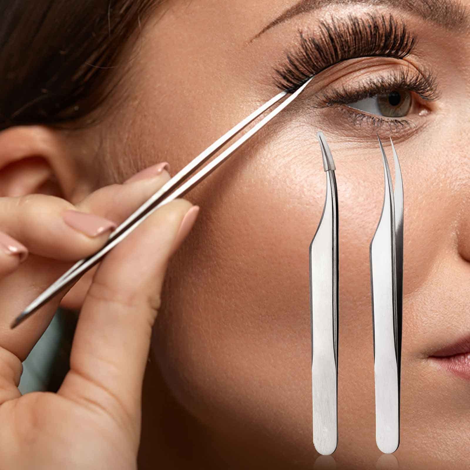 Eyelash Extension Tweezers Set of 2 pieces straight & curved Lash Extension Precision Tweezers, Professional Stainless Steel Precision Tweezers set