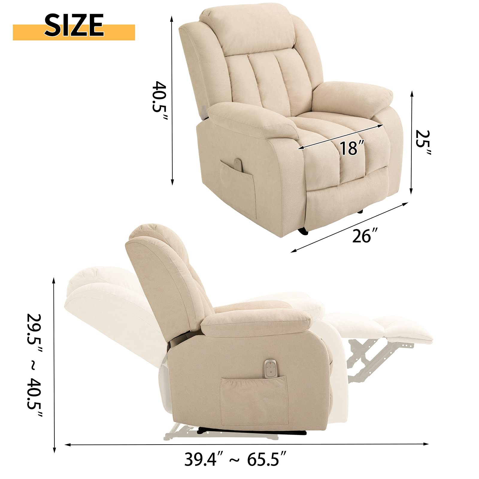 HOMHUM Massage Recliner Chair Fabric Heated Ergonomic Lounge Chair for Living Room Overstuffed Reclining Chair Single Sofa, Remote Control, Beige