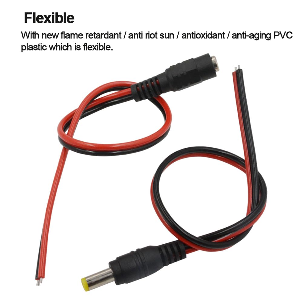 MILAPEAK (Real 18AWG 43x2pcs Wires) 20pcs Male DC Power Pigtail Cable, 12V 5A DC Connectors for CCTV Security Camera and Lighting Power Adapter (2.1mm x 5.5mm, Ultra Thick)