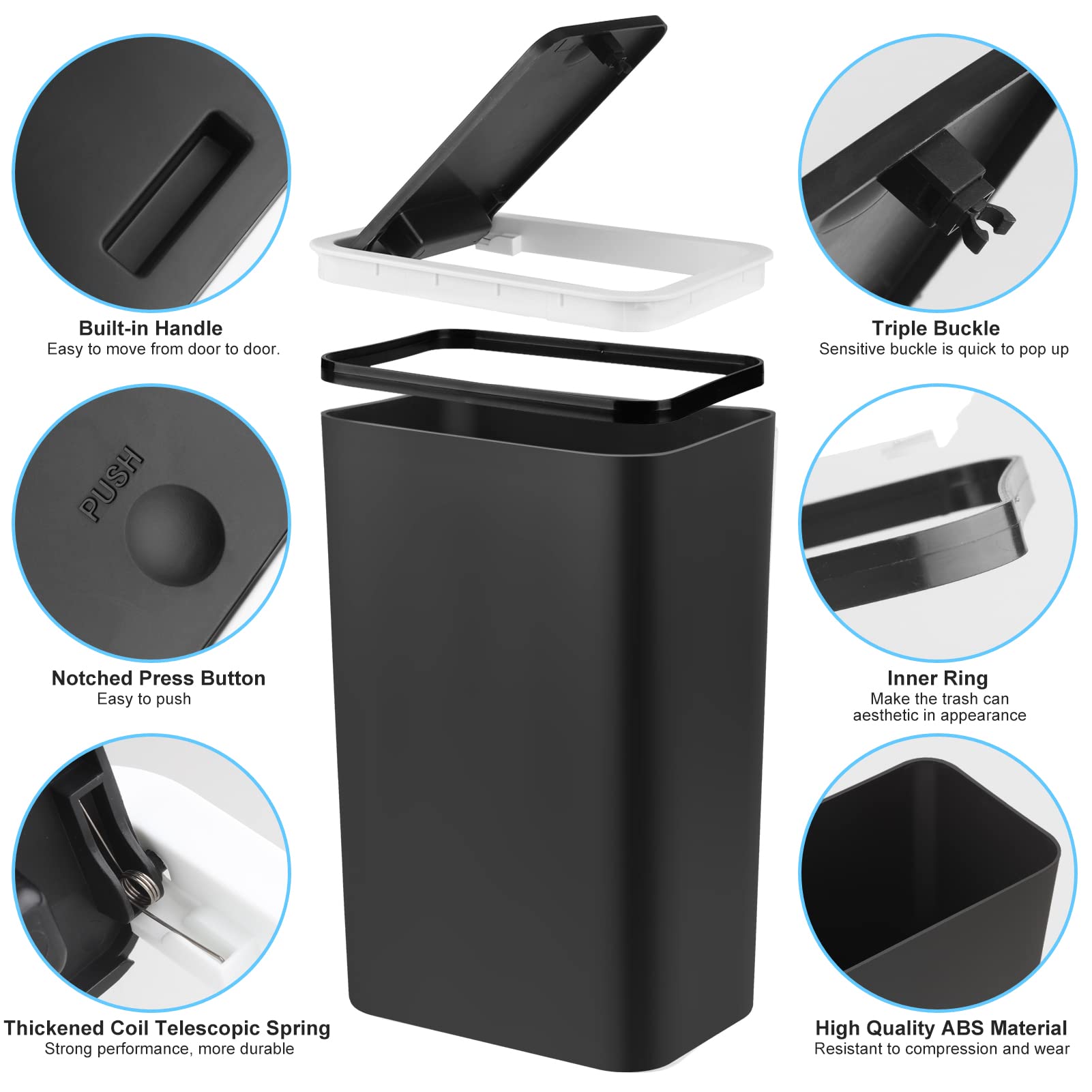 Anzoymx Bathroom Trash Cans with Lids 2 Pack Kitchen Garbage Can 4 Gallons with Pop Up Lid,Small Narrow Waste Basket Dog Proof for Bathroom Kitchen Bedroom Living Room and Office(15L,Black)