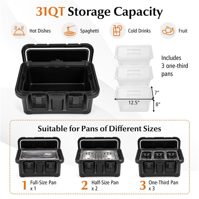 ARLIME 31QT Insulated Food Pan Carrier, Stackable Hot Box w/ 3 PC Food Pans, 8β Deep Top Load LLDPE Food Warmer for Restaurant, Canteen, Catering, Buffet Party, Black (1)