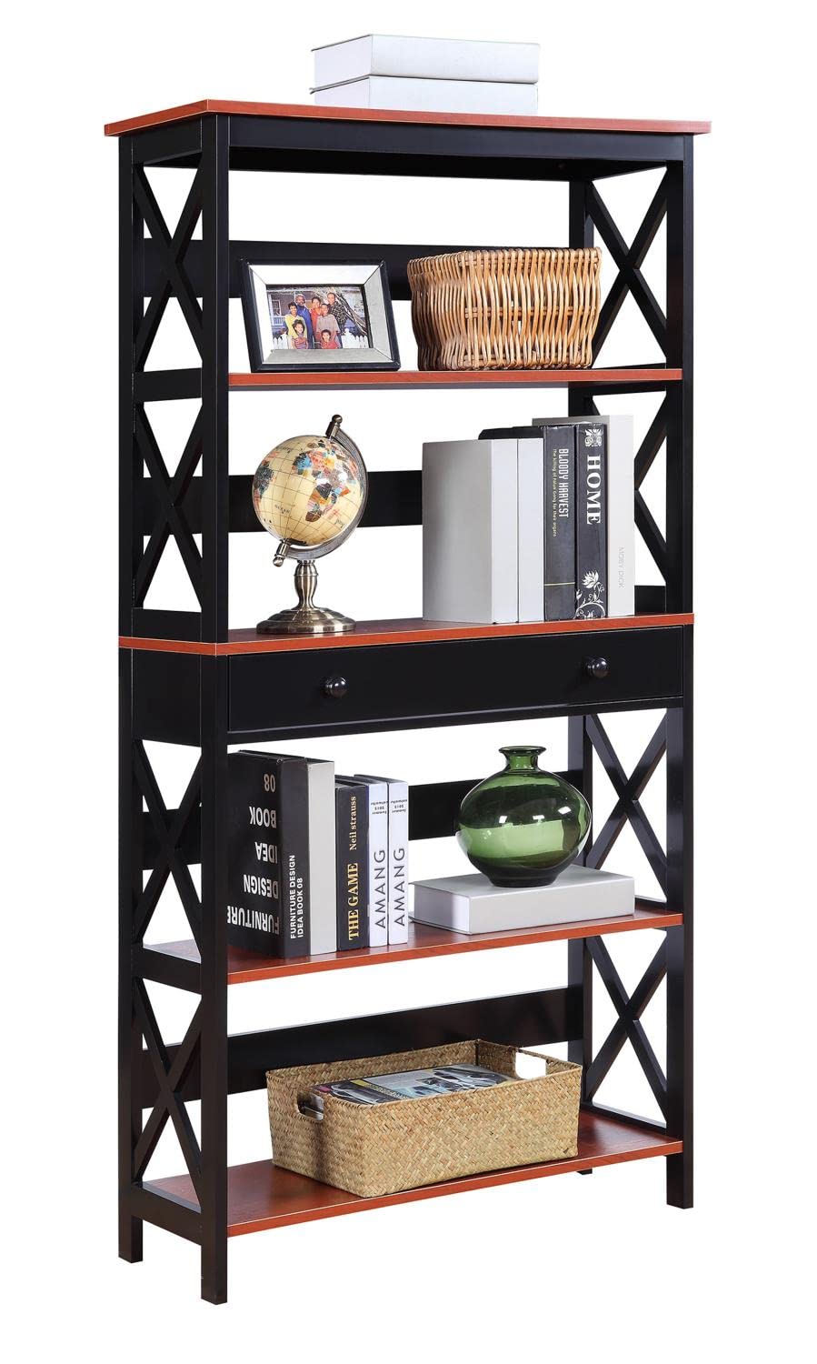 Convenience Concepts Oxford 5 Tier Bookcase with Drawer, Cherry / Black