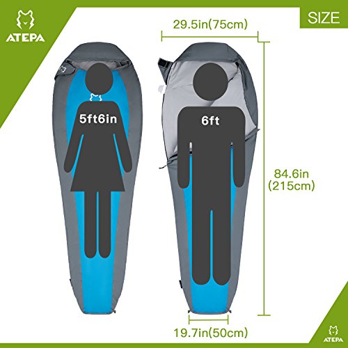 ATEPA Lightweight Compact Backpacking Sleeping Bag for Adults, Kids, Girls, Boys, Youth, 3 Season Warm Weather Sleeping Bag with Compression Sack - Summer, Spring, Fall, for Camping, Hiking, Trekking