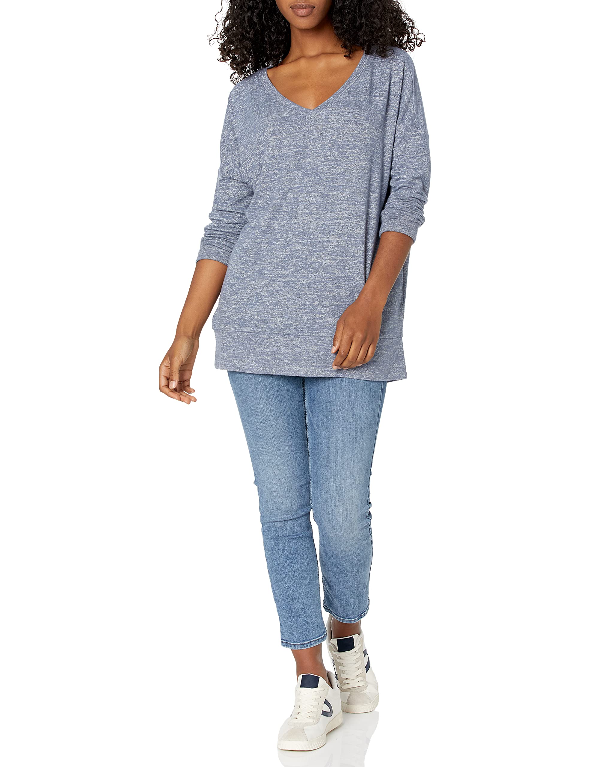 Amazon Brand - Daily Ritual Women's Cozy Knit Drop-Shoulder V-Neck Top, Blue Heather,Small