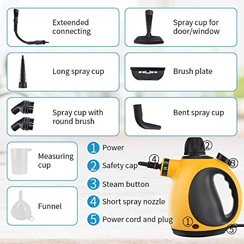 AFMAT Handheld Steam Cleaner, Portable Steam Cleaner Handheld 10 in 1 Set Multi-Function Multi-Purpose, and Chemical-Free, Multi-Surface All Natural, for Kitchen, Home -Yellow