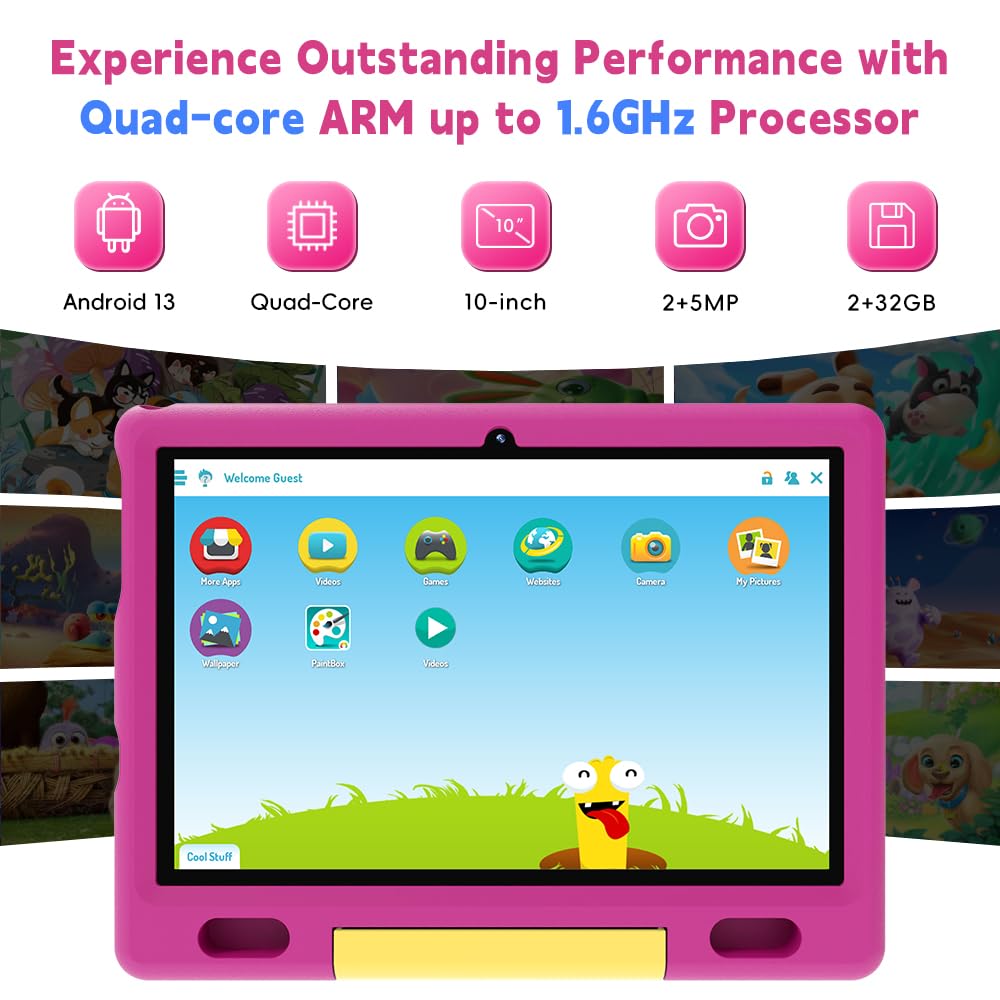 ApoloSign Kids Tablet 10 inch, Android 13 Tablet for Kids, 2+32GB Storage, Pre-installed Educational Apps with Ad-free Contents and Parental Control, 5000mAh Battery, EVA Shockproof Case - Pink