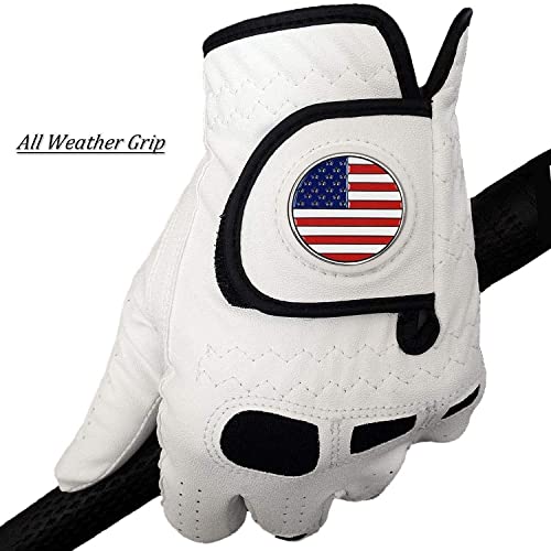 Amy Sport Golf Gloves Men Left Hand with Ball Marker Right Handed Golfer 3 Pack Soft Leather Weathersof Grip Soft Mens Glove (MLarge-Worn on Left Hand, 3 Pack with USA Flag Ball Marker)